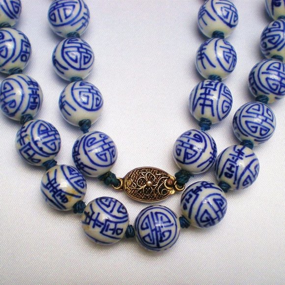 Jewelry | Vintage Chinese Export Porcelain Cobalt Blue White Beads ...